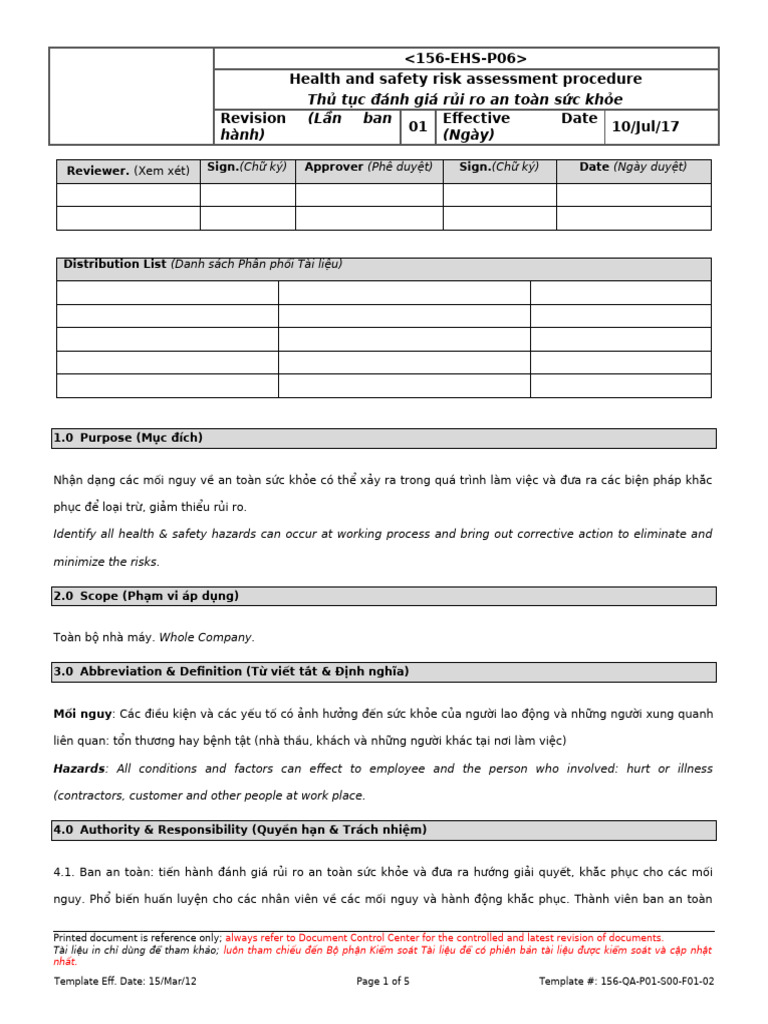 156-EHS-P06 - 01health Safety Risk Assessment Procedure | PDF