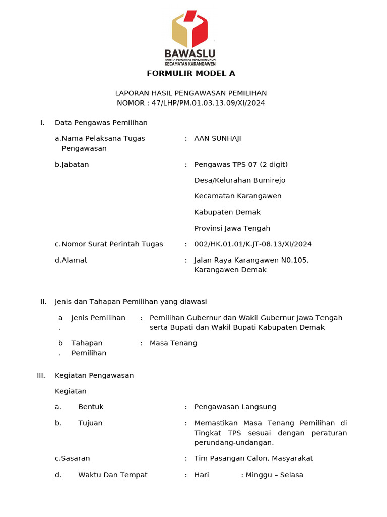 1. Form A Pengawasan Pilkada 2024 - (Masa Tenang) | PDF 1. Form A Pengawasan Pilkada 2024 - (Masa Tenang) | PDF