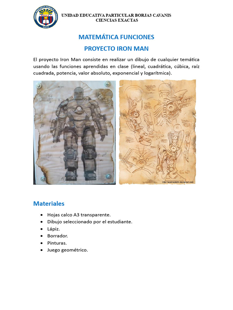 Matemática Funciones Proyecto Iron Man 3ros Bgu | PDF | Logaritmo | Dibujo