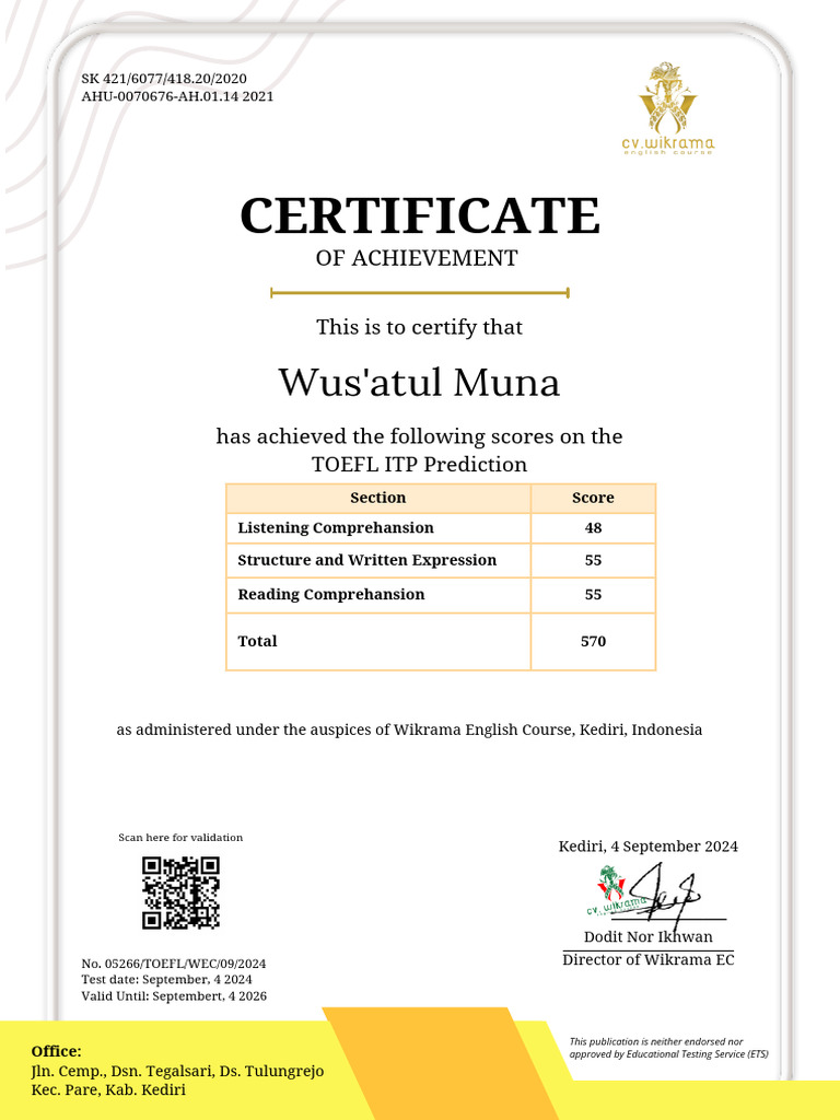Wus'Atul Muna - Certificate TOEFL by Wikrama EC | PDF
