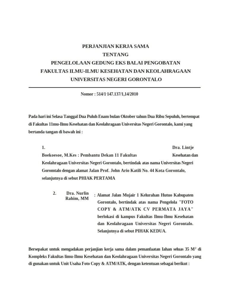 Perjanjian Kerja Sama Ung Foto Copy Atmatk CV Permata Jaya | PDF