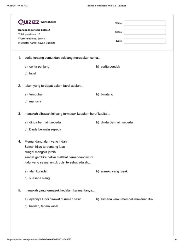 Bahasa Indonesia Kelas 2 - Quiizz | PDF