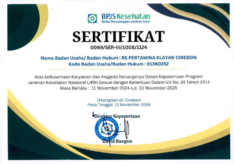 SERTIFIKAT JKN KIS - RS PERTAMINA KLAYAN CIREBON 2024 | PDF