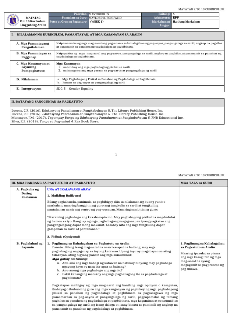 DLL Matatag - Epp 4 Q3 W1 | PDF