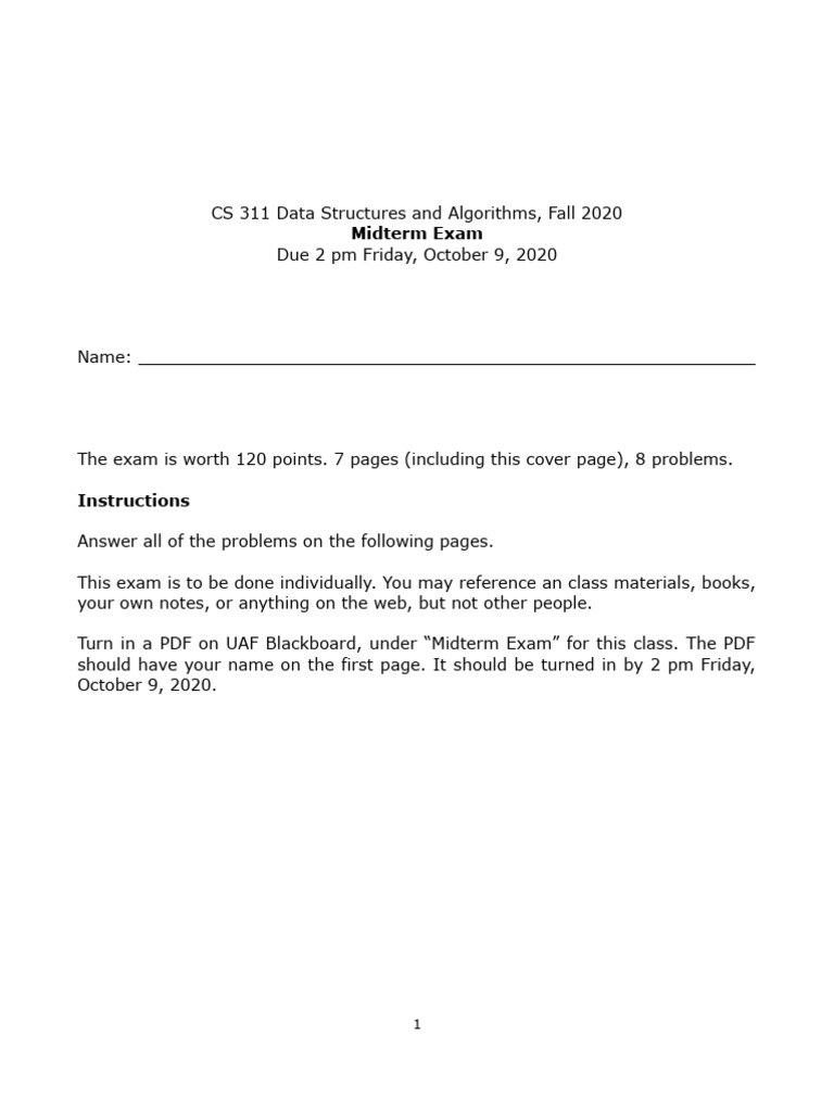 cs311 Midterm Exam 2020 | PDF | Time Complexity | Computer Science