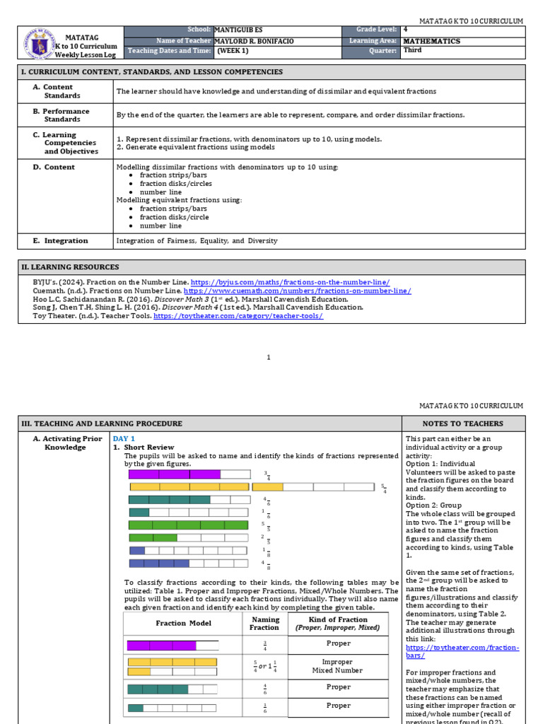 DLL Matatag - Math 4 Q3 W1 | PDF | Numbers | Cognition