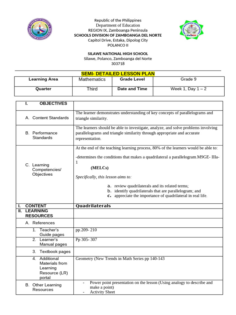 Geometry Lesson Plan: Parallelograms | PDF | Rectangle | Elementary Geometry