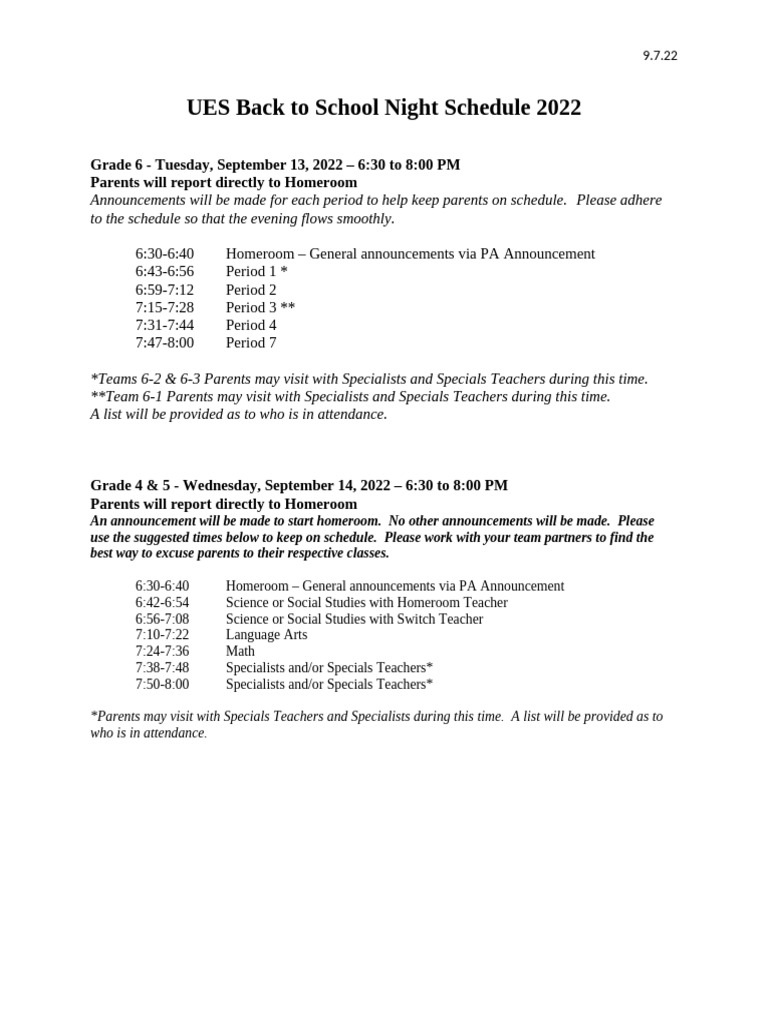 UES Back to School Night Schedule 2022 | PDF