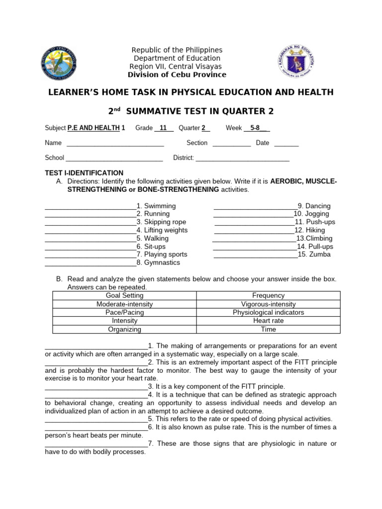 SUMMATIVE TEST OF WEEKS 5-8 | PDF | Heart Rate | Strength Training