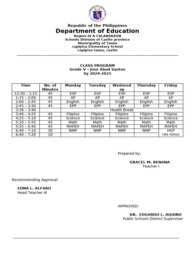 Grade V Class Program 2024-2025 | PDF | Southeast Asia | Philippines
