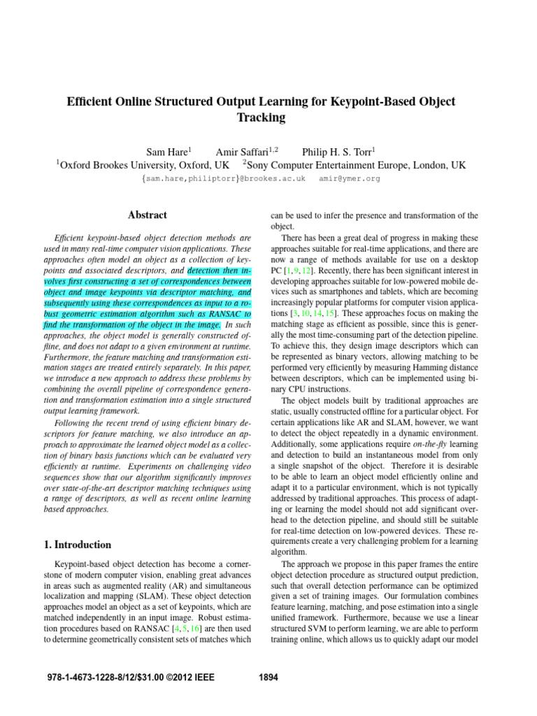 Efficient Online Structured Output Learning For Keypoint Based