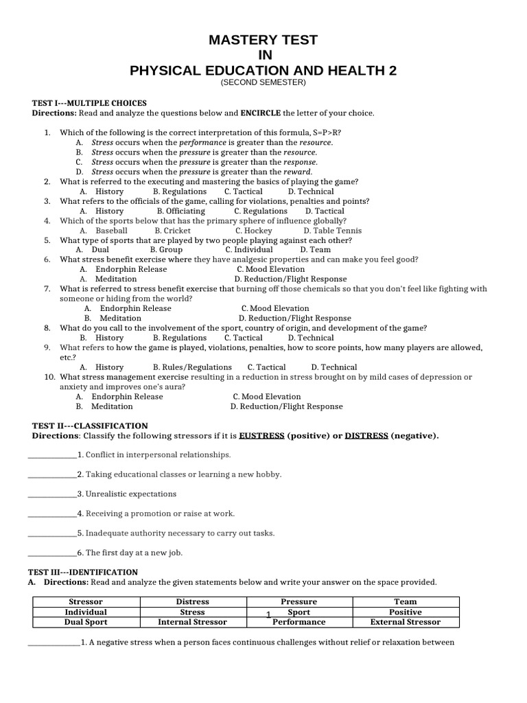 Mastery Test-3rd Quarter | PDF | Stress (Biology) | Emotions