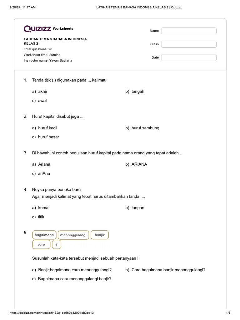 LATIHAN TEMA 8 BAHASA INDONESIA KELAS 2 _ Quizizz | PDF
