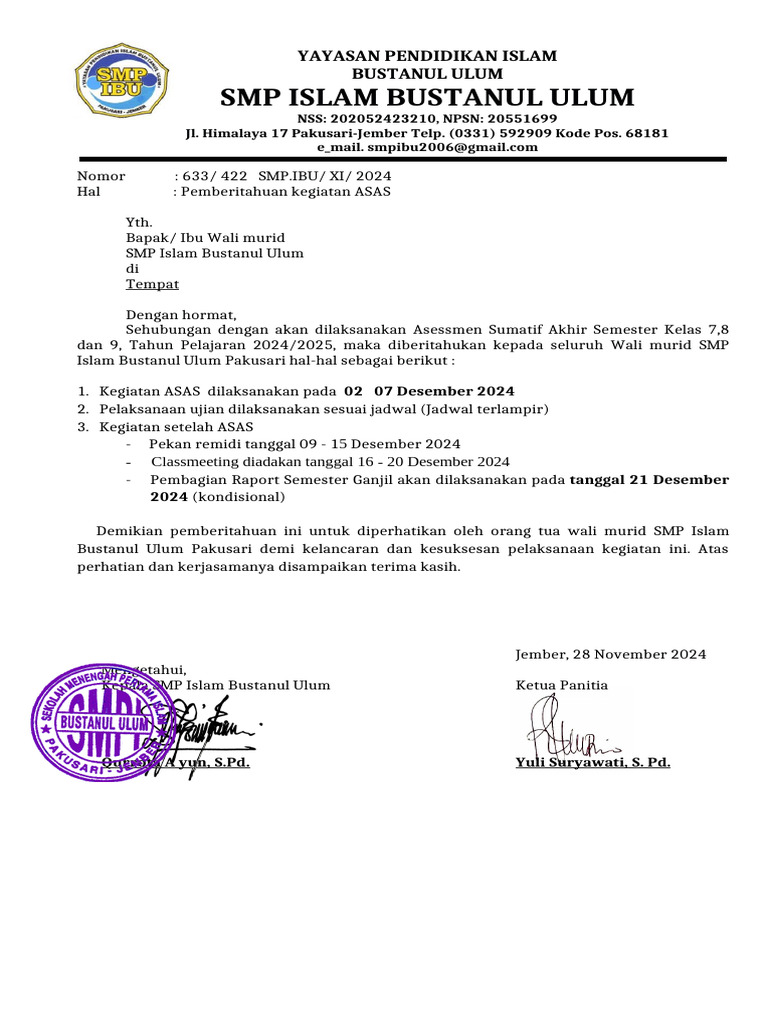 Surat Pemberitahuan Wali Murid 24 | PDF