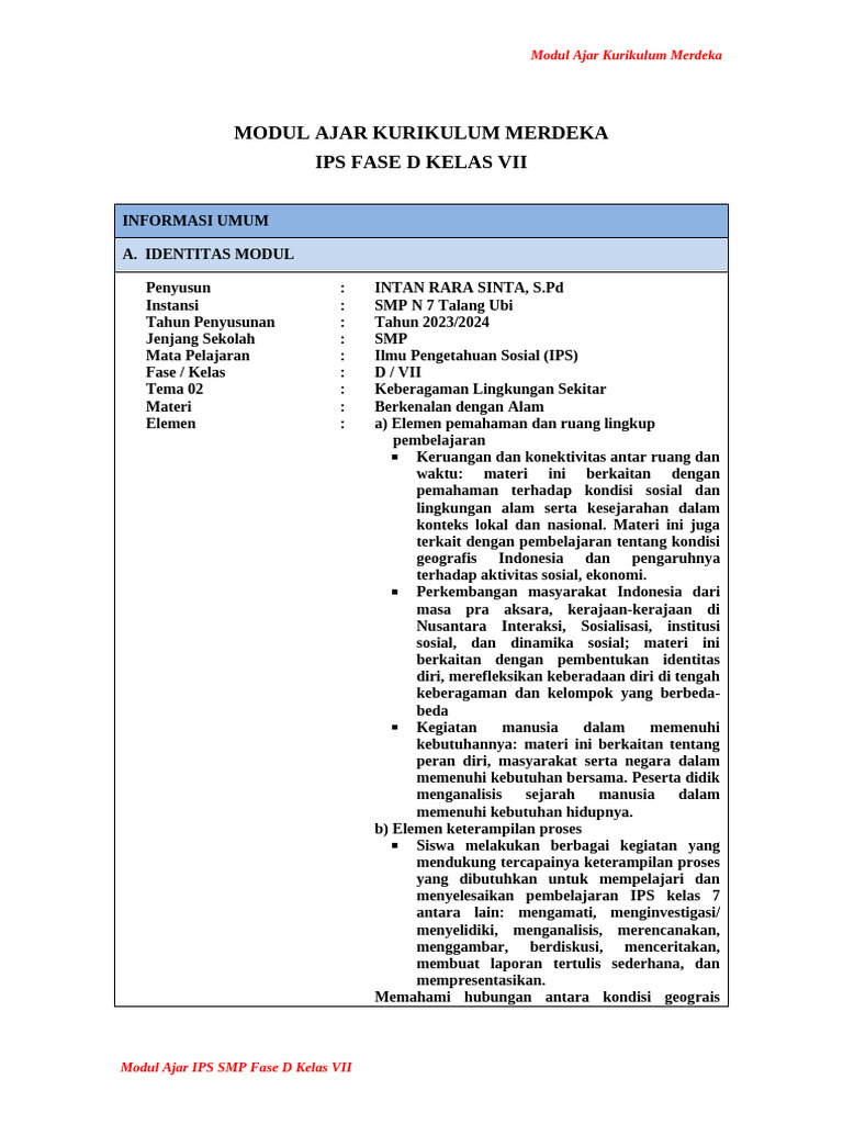 Modul Ajar IPS Kelas VII Kurikulum Merdeka | PDF