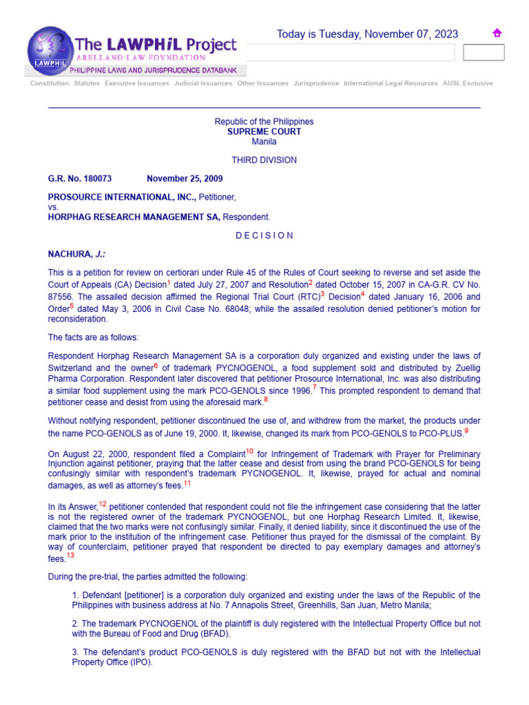 Prosource v. Horphag - G.R. No. 180073 | PDF | Trademark | Lawsuit