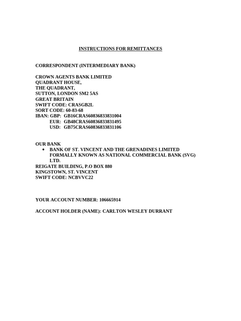 Instructions For Remittances Crown Agents CWD | PDF