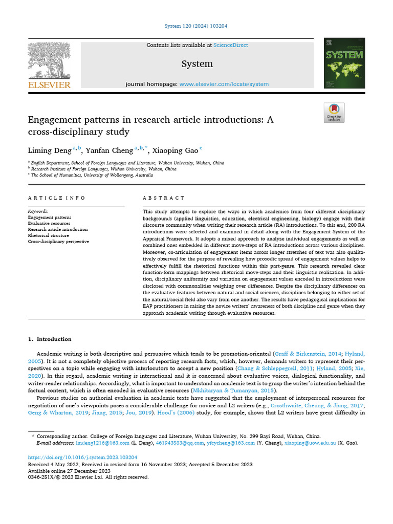 Engagement Patterns in Research Article Introductions A Cross Dis 2024 ...