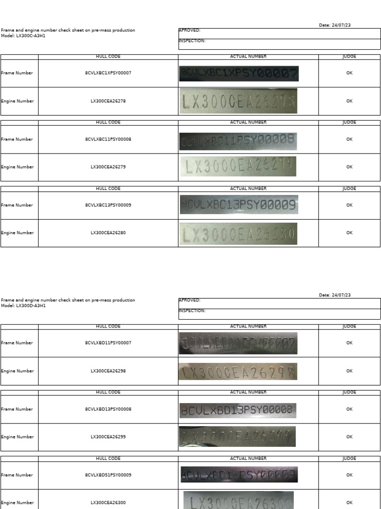 2-3 - LX300CD-A3H1 Frame and Engine Number Check Sheet-1 | PDF