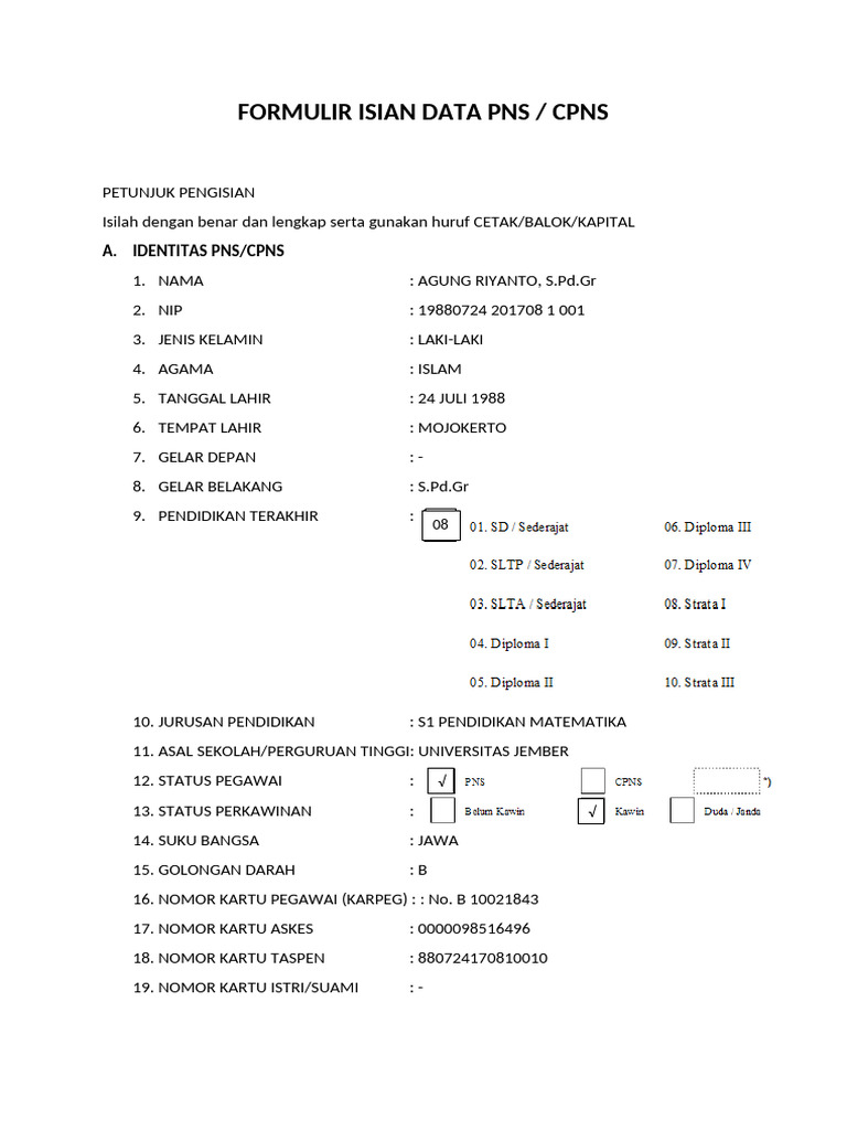 1. FORMULIR ISIAN PEGAWAI PNS | PDF