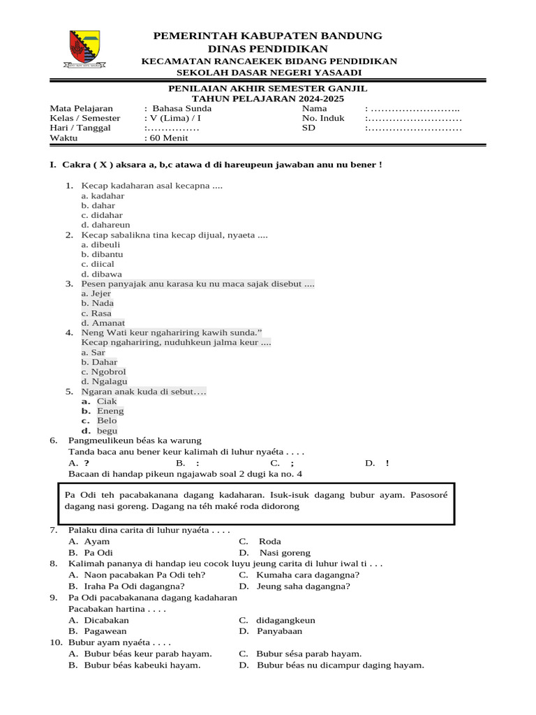 SOAL BAHASA SUNDA PSAS 1 KLS 5 kurmed | PDF
