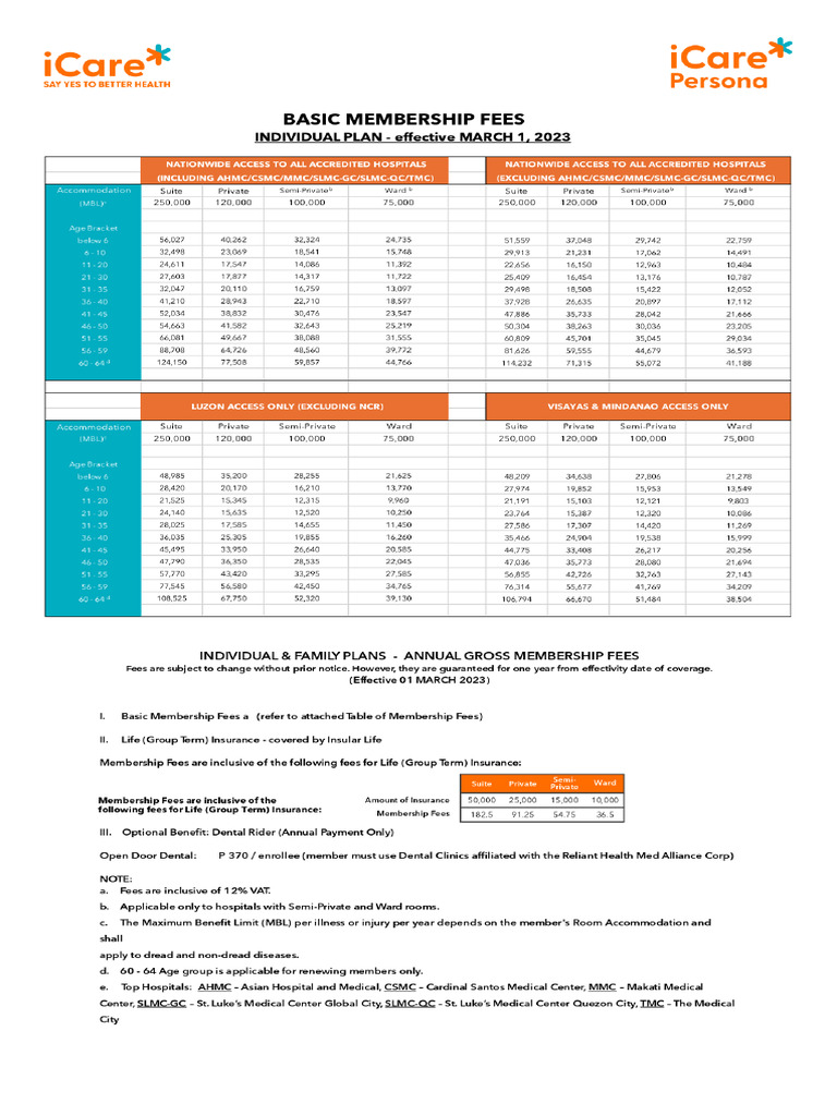 2024 Icare Persona Individual Rates ANNUAL | PDF | Insurance | Service ...