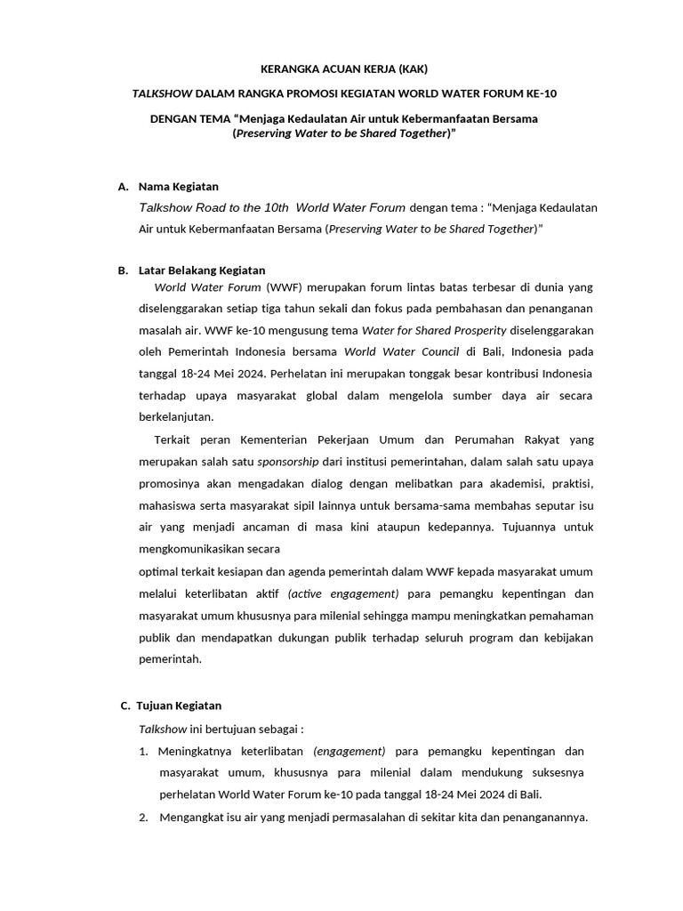 Talkshow Promosi World Water Forum 10 | PDF