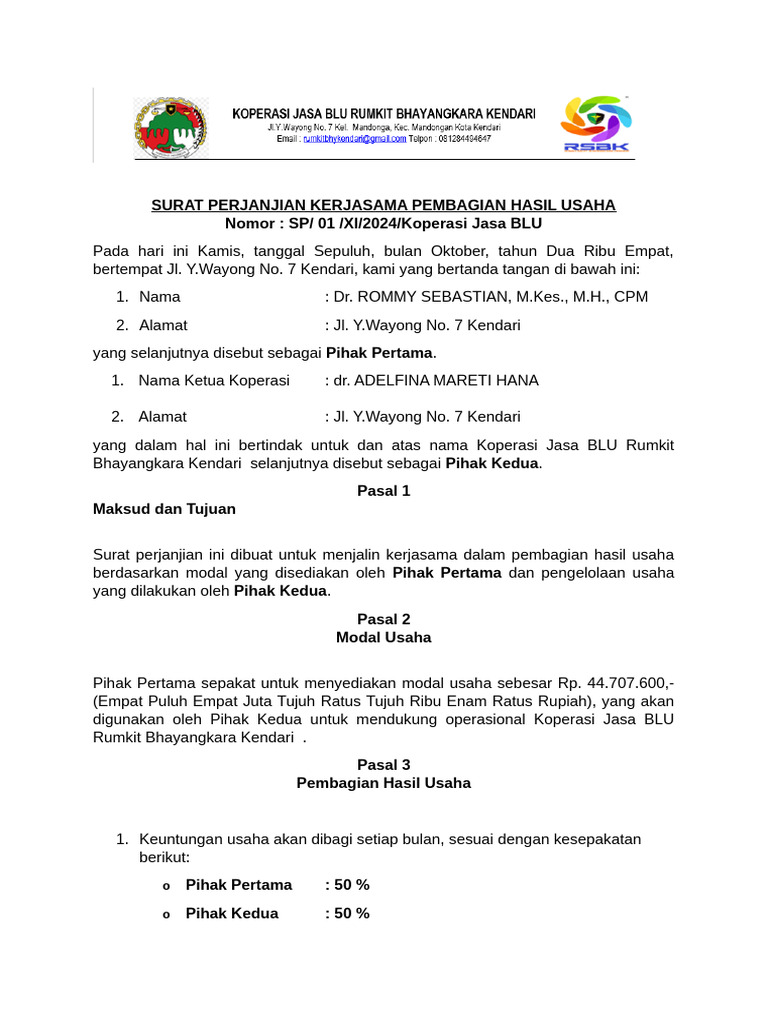 Perjanjian Kerjasama Pembagian Hasil | PDF