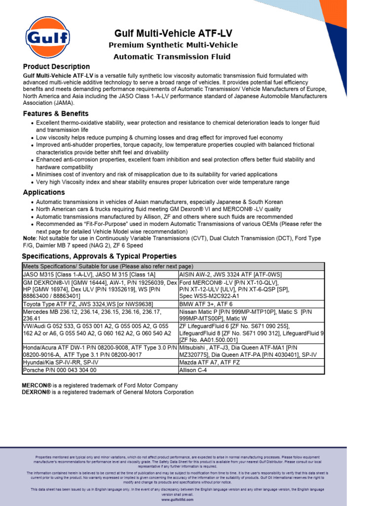 Gulf - Gulf Multi-Vehicle ATF-LV_PDS_222_3 | PDF | Automatic Transmission | Automotive Industry