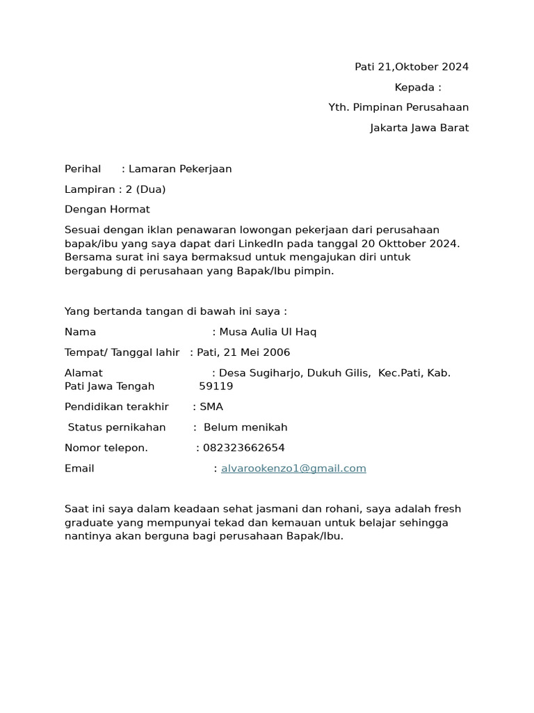 Surat Lamaran Kerja Musa Aulia Ul Haq | PDF