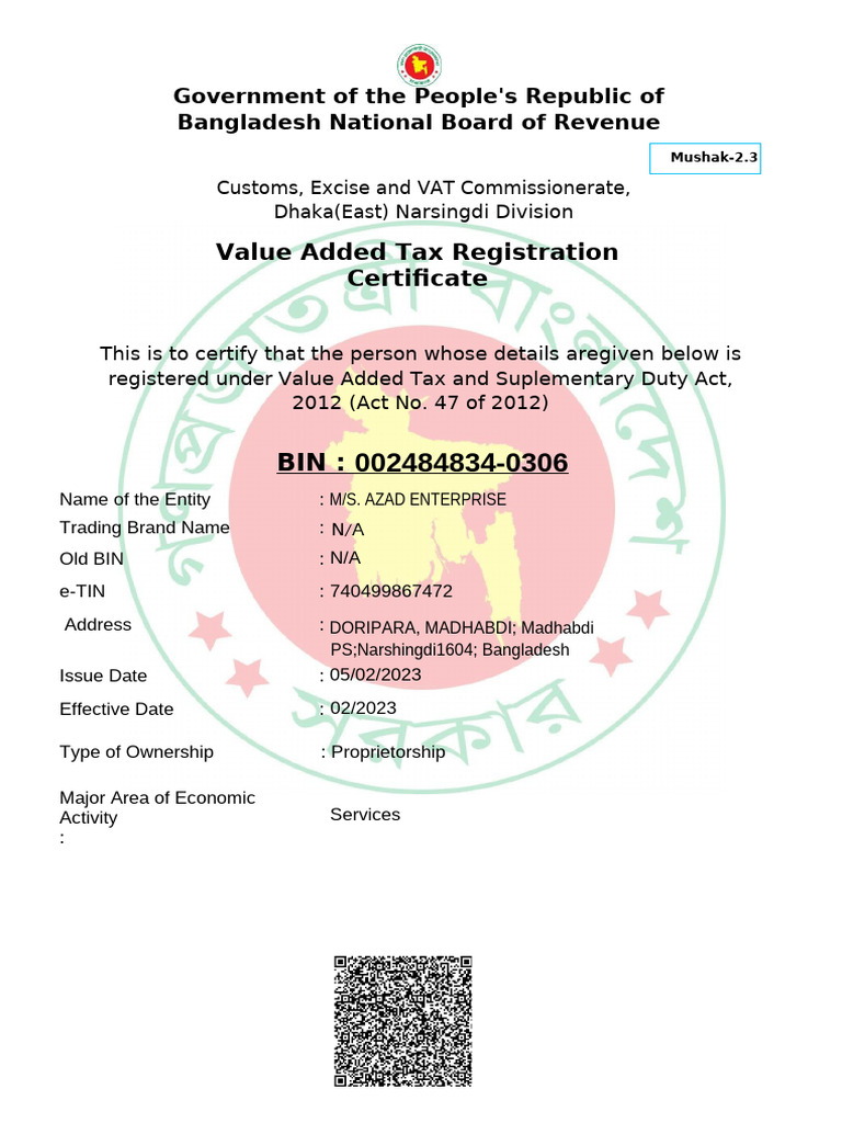 VAT Registration Certificate for Azad Enterprise | PDF