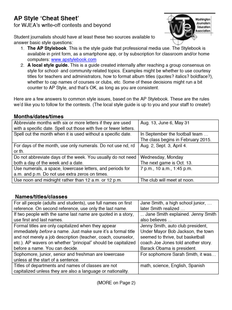WJEA-AP-Style-Cheat-Sheet | PDF | Linguistic Morphology | Language Mechanics