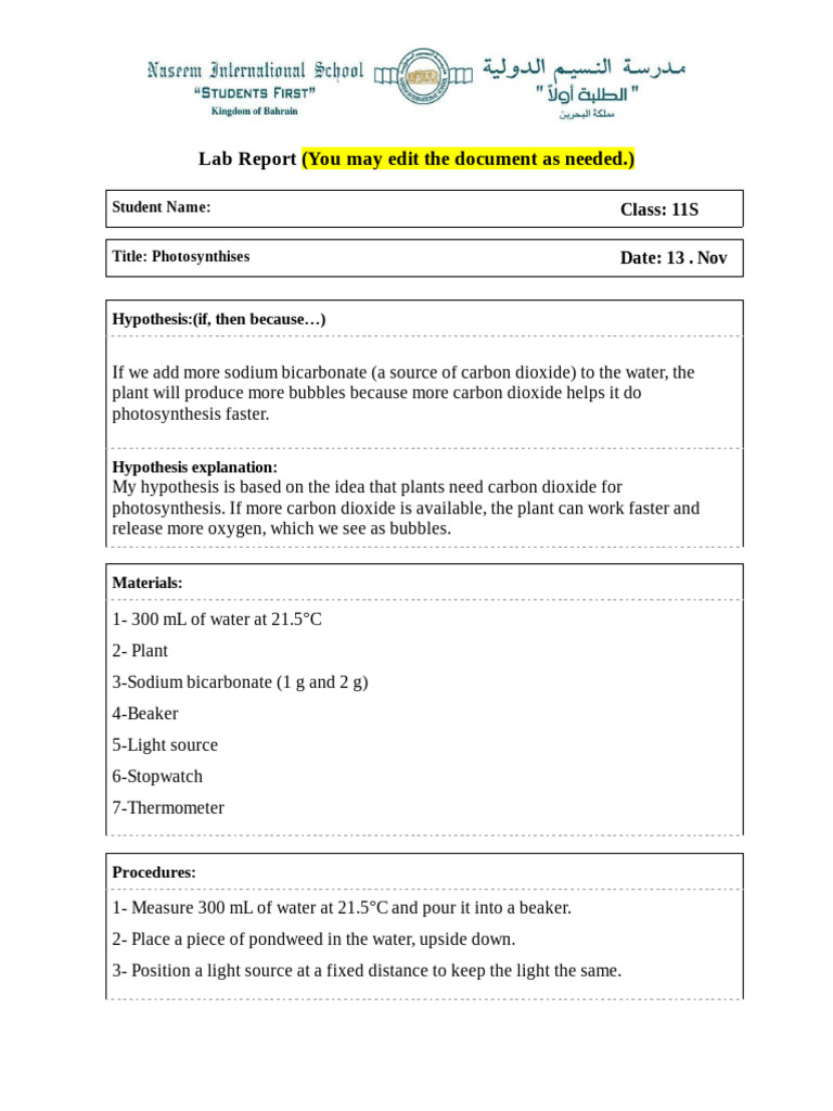 PHOTOSYNTHESIS Lab ACTIVITY | PDF