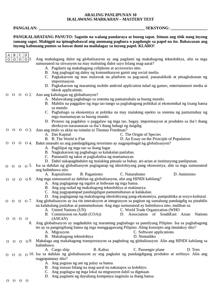 10 Mastery Test | PDF