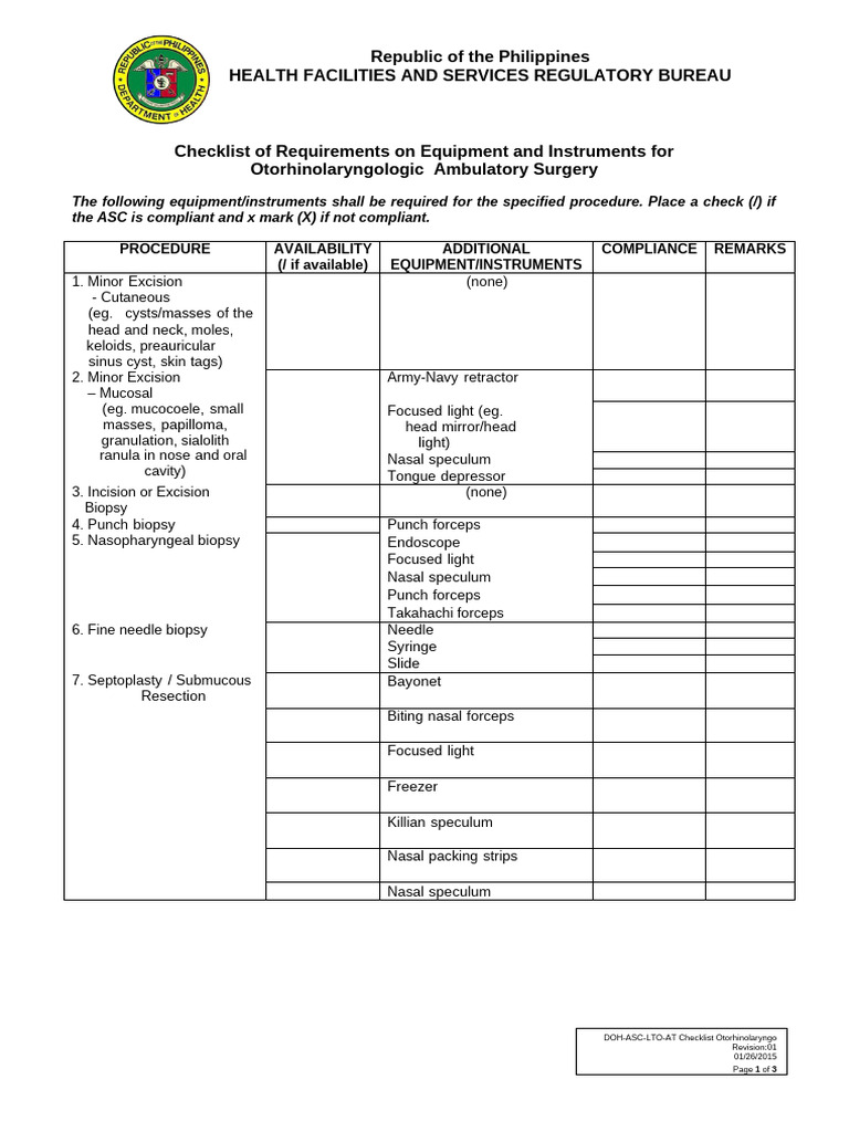 Doh Asc Lto at Checklist Otorhinolaryngologic Rev1 | PDF | Surgical ...