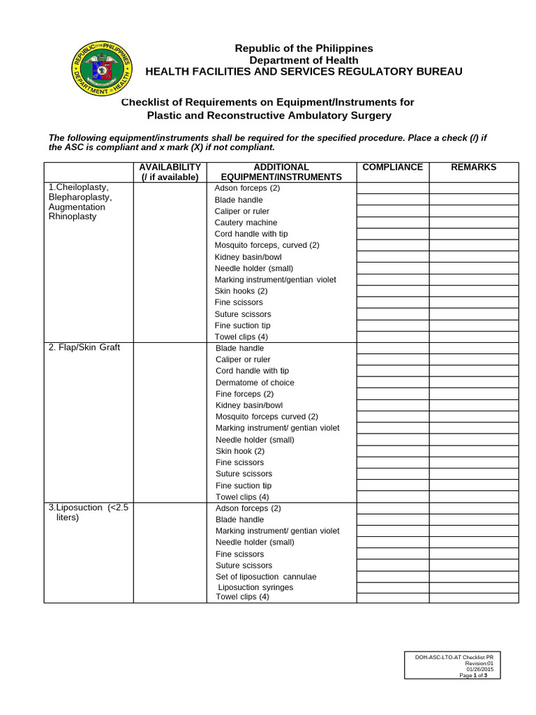 Doh Asc Lto at Checklist Plastic Reconstructive Rev1 | PDF | Body ...