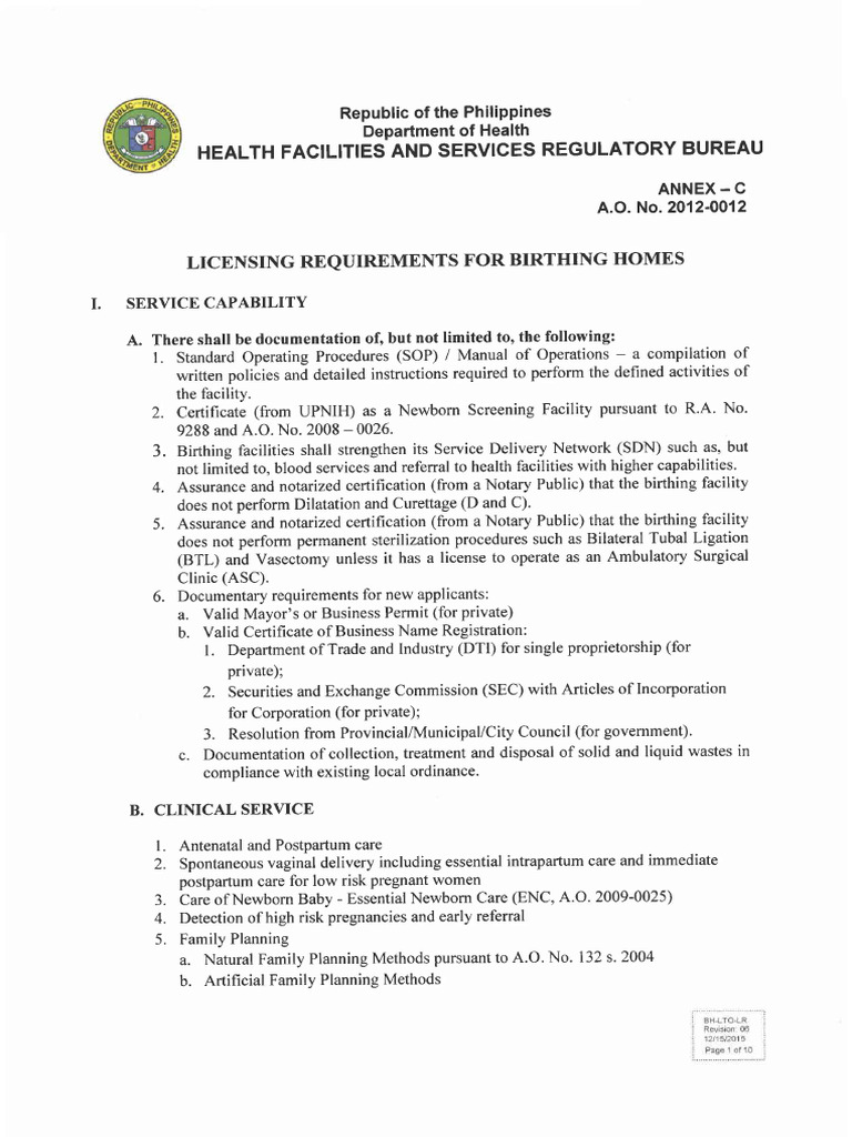 Revised Annex C Requirements For Birthing Homes | PDF