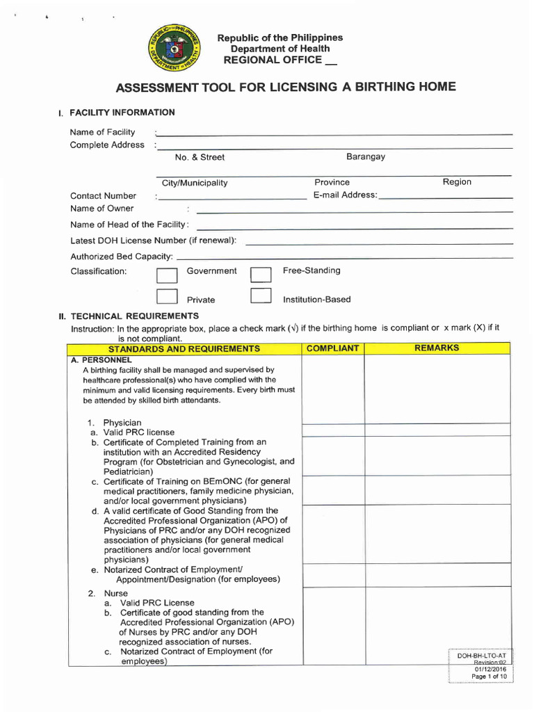 Revised Assessment Tool For A Birthing Home As of 1-12-2016 | PDF