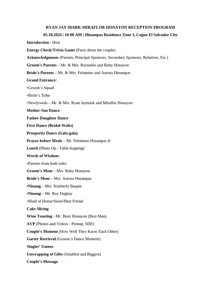 WEDDING RECEPTION PROGRAM | PDF