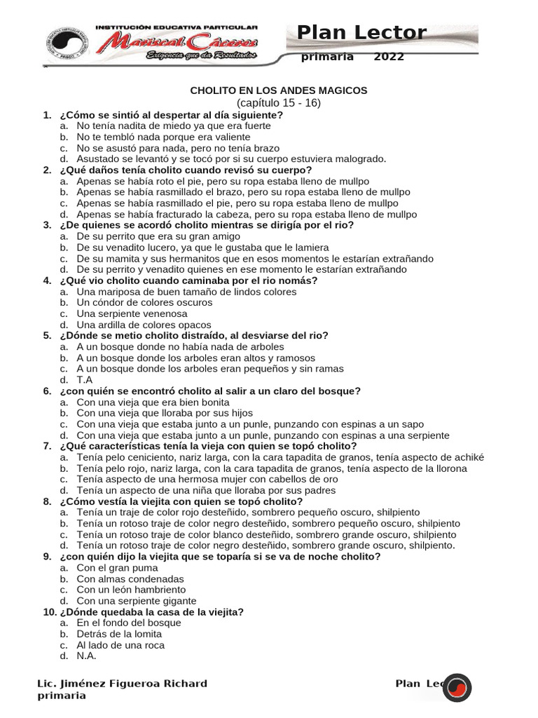 Comprensión de Lectura: Cholito en los Andes | PDF