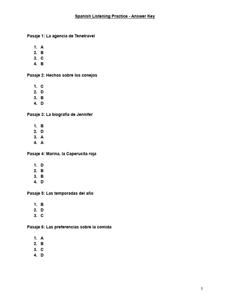 028 Spanish Listening Practice - Answer Key | PDF