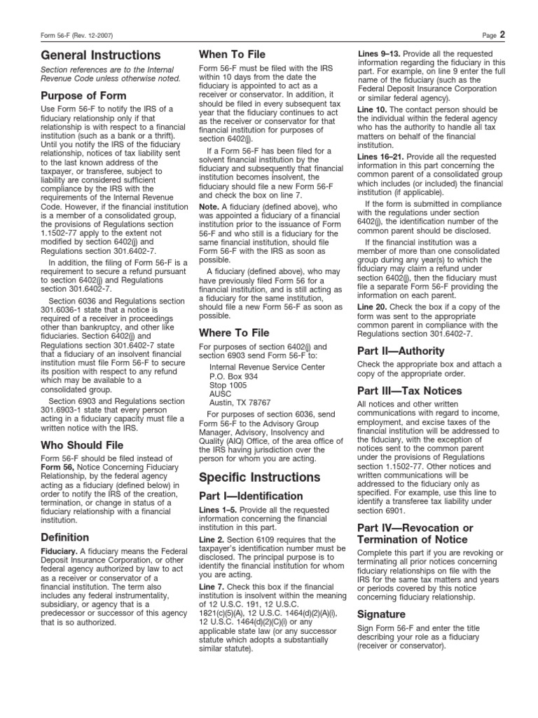 2007 Instructions For Form 56-F | PDF | Internal Revenue Service | Business