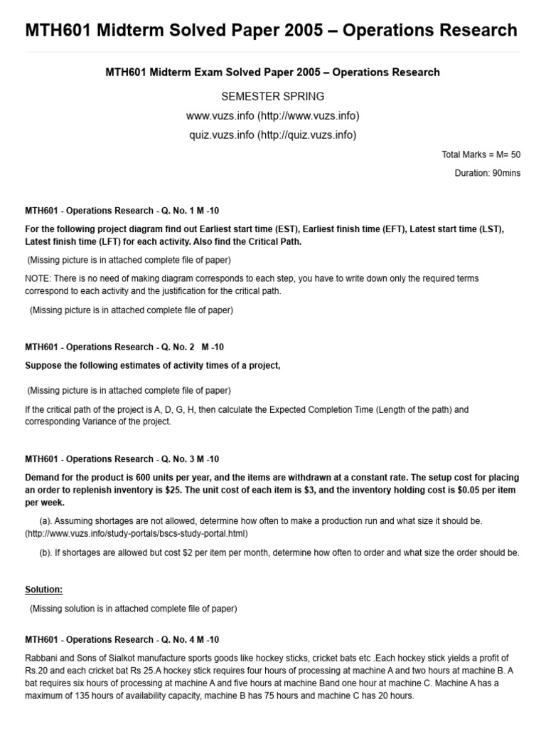 MTH601 Midterm Solved Paper 2005 - Operations Research | PDF | Applied Mathematics | Statistical ...