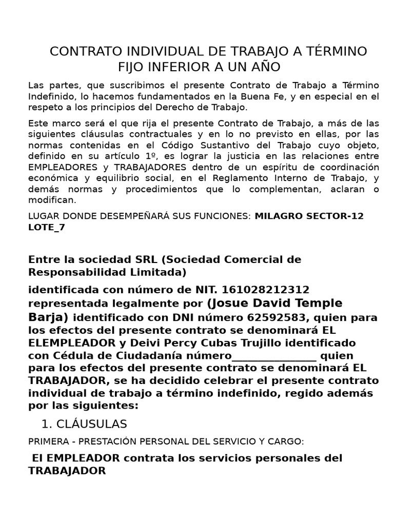Contrato Laboral a Término Fijo | PDF