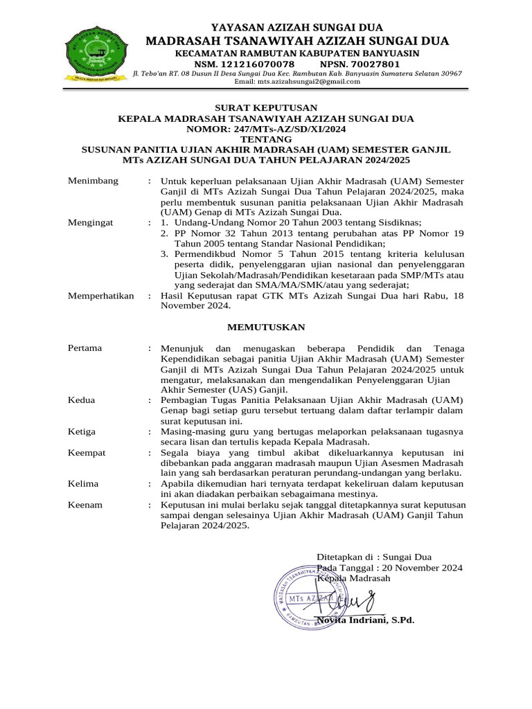 SK UAM Ganjil - Susunan Panitia UAM MTs Azizah Sungai Dua 2024-2025 (1) | PDF