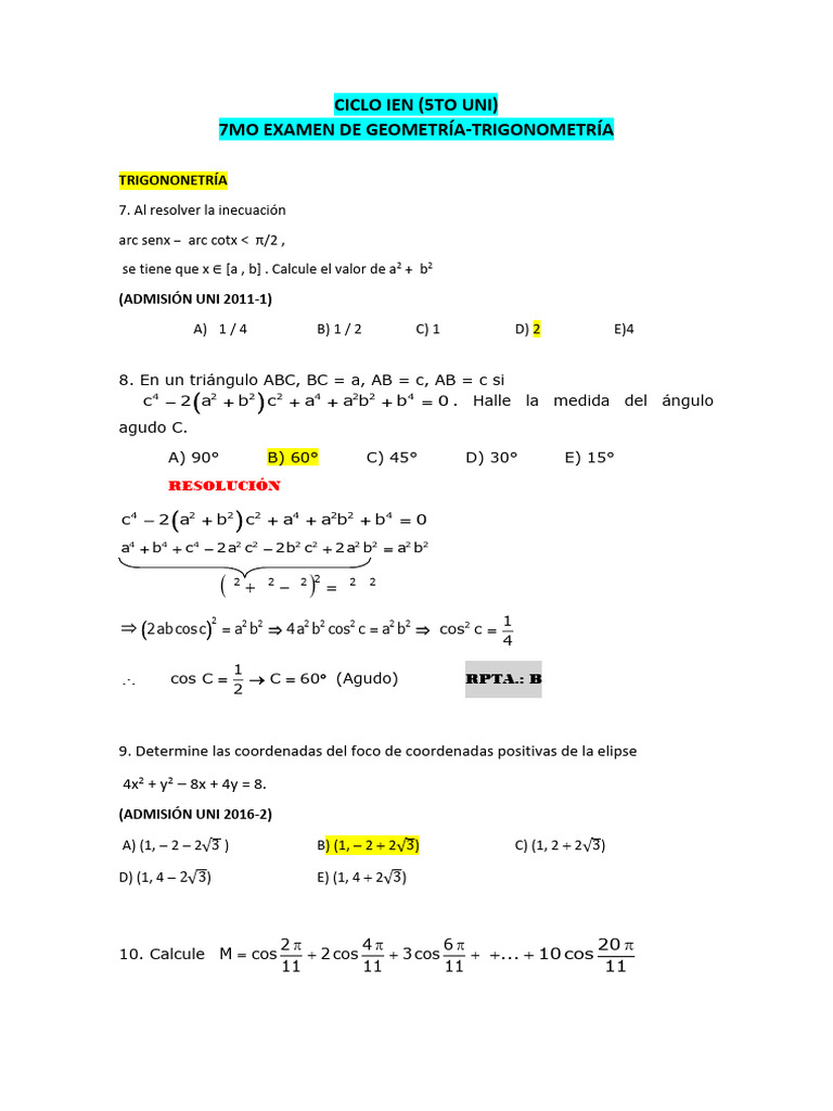 7mo Examen de Trigonometria Solucionario | PDF | Geometría | Matemáticas