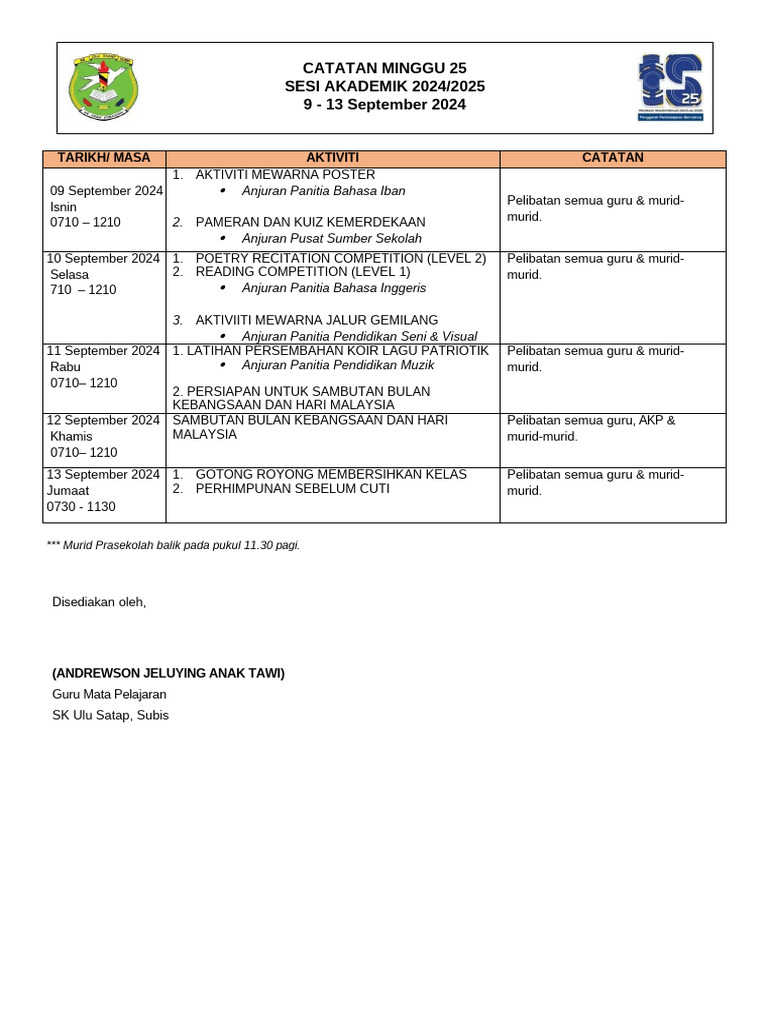 M25- CATATAN RPH (9-13 September 2024) | PDF
