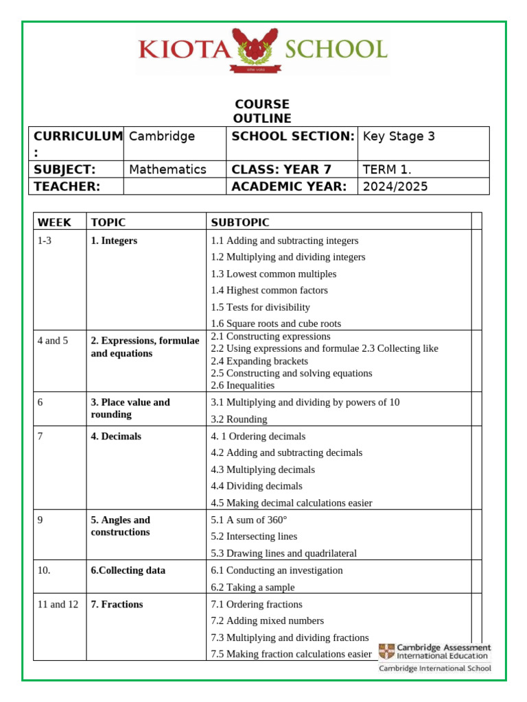 Maths Course Outline Y7 | PDF