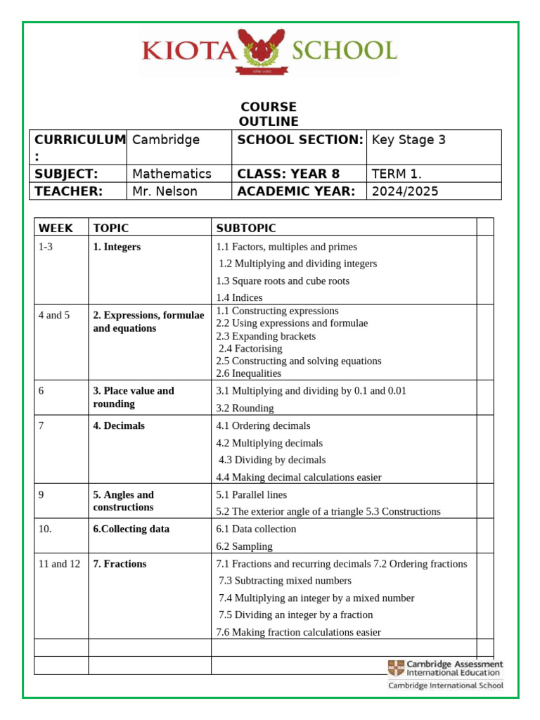 Maths Course outline Y8 | PDF | Multiplication | Division (Mathematics)