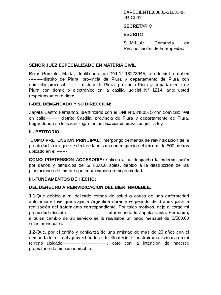 Demanda Civil | PDF | Propiedad | Daños y perjuicios